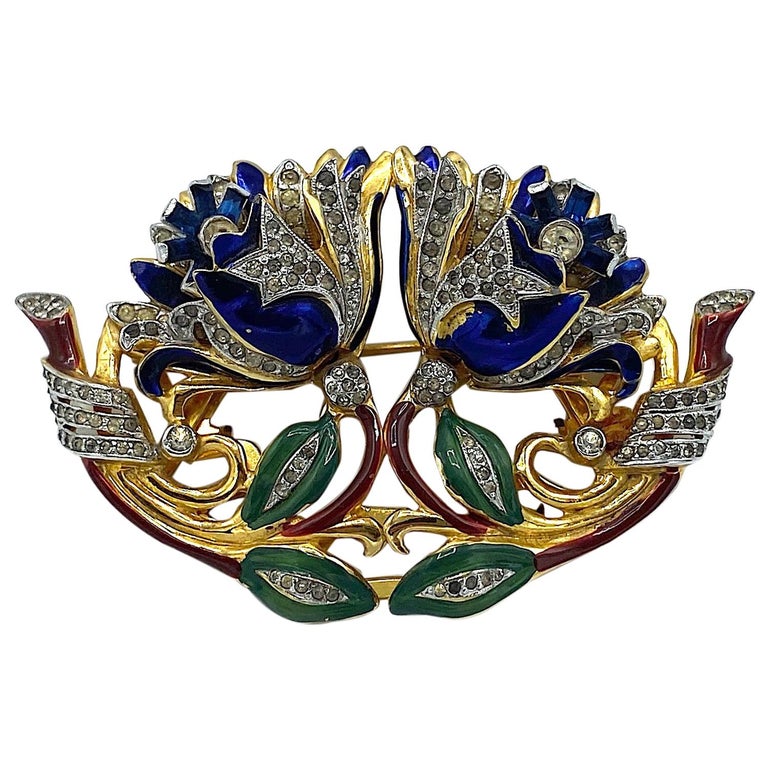 Coro 1940s Gold with Enamel Flowers Trembler Duette Brooch at 1stDibs