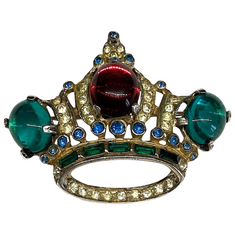 Coro 1944 Sterling Silver Jeweled Crown Pin at 1stDibs