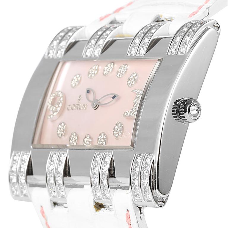 Corum 18 Karat White Gold Diamonds Leather Lady Watch For Sale at 1stDibs