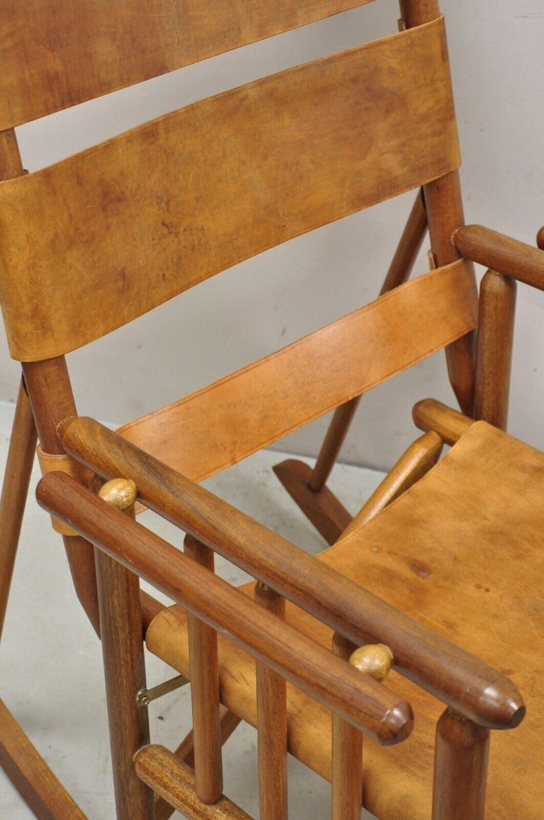 Costa Rican Campaign Style Teak Brown Leather Folding Rocker Rocking ...