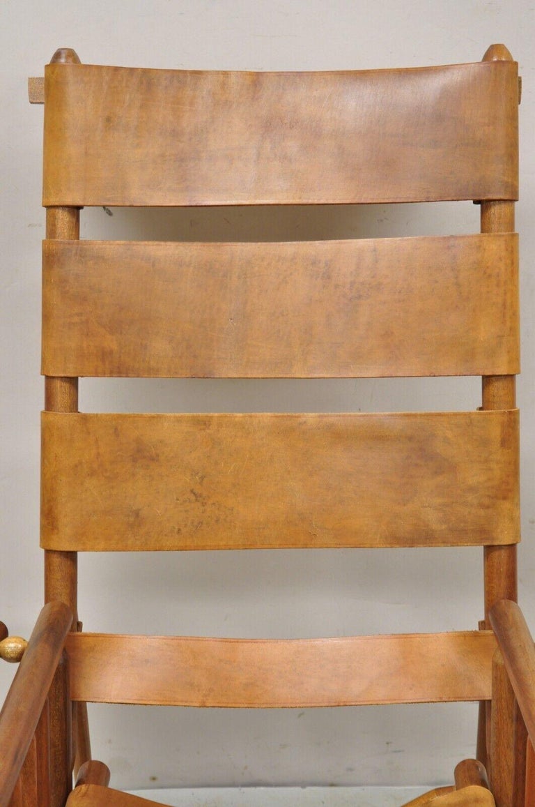 Costa Rican Campaign Style Teak Brown Leather Folding Rocker Rocking ...