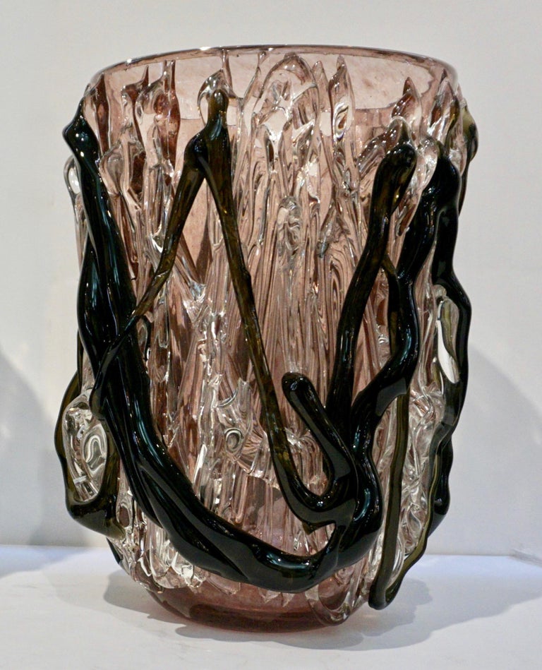 Costantini Italian Pair of Monumental Black Amethyst Clear Murano Glass ...