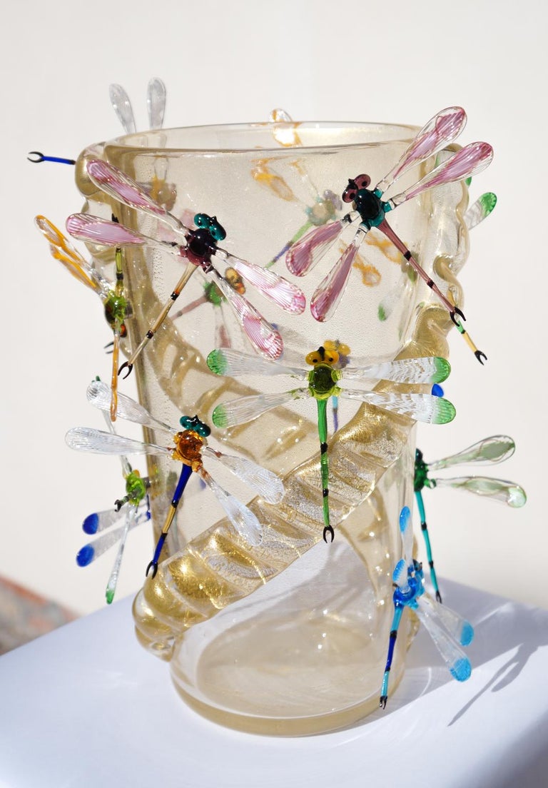 Costantini Modern Real Gold Made Murano Glass Vase with Dragonflies, 2022 For Sale at 1stDibs