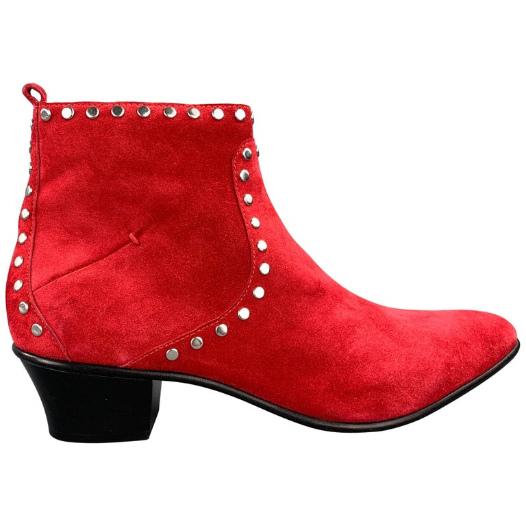 CoSTUME NATIONAL Size 10 Red Studded Suede Side Zipper Boots at 1stDibs ...