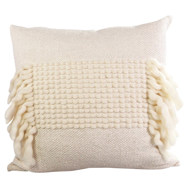 Cotton and Wool Woven Ivory Handmade Rustic Cotton Pillow with Fringe ...