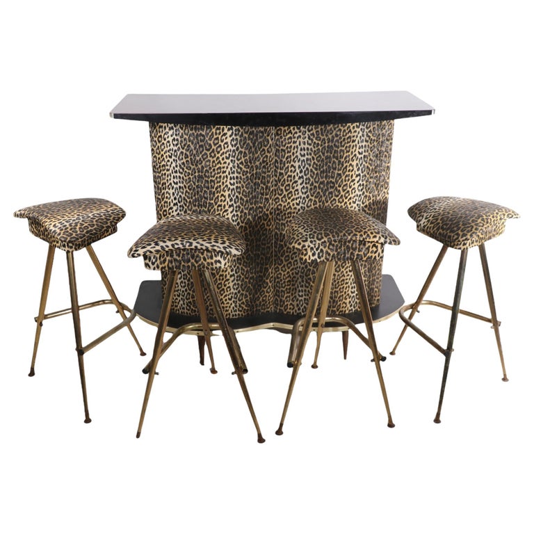 Counter Dry Bar with Matching Stools in Cheetah Vinyl ca 1950/1960's ...