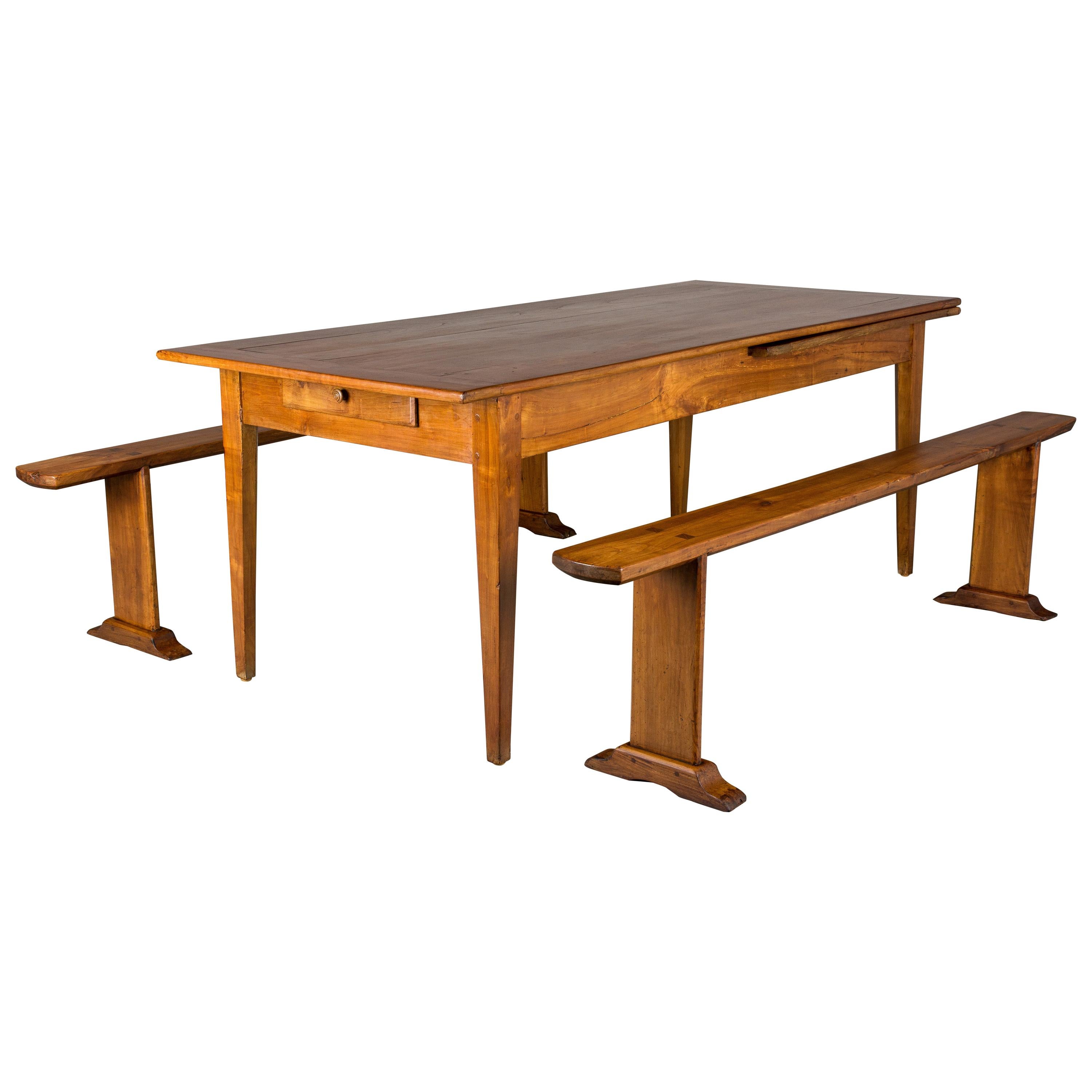 Country French Cherry Farm Table with Benches at 1stDibs