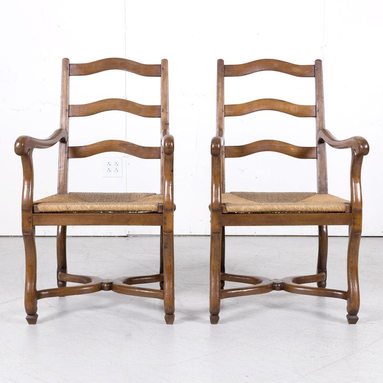 Country French Louis XIV Style Oak Ladder Back Arm Chairs with Rush ...
