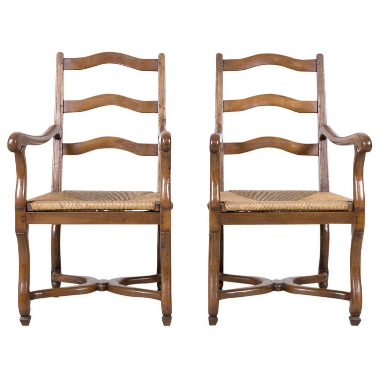 Country French Louis XIV Style Oak Ladder Back Arm Chairs with Rush ...