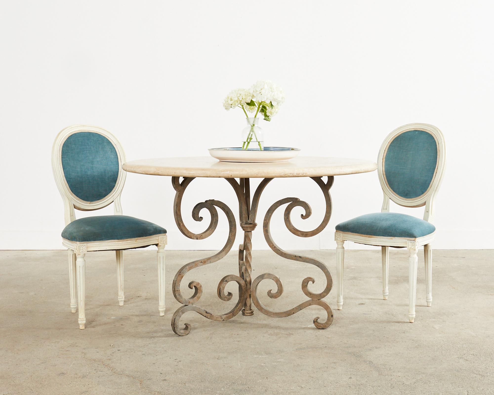 Country Italian Wrought Iron Travertine Garden Dining Table at 1stDibs