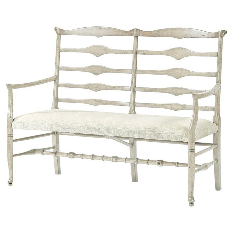 Country Ladder Back Whitewash Bench For Sale at 1stDibs