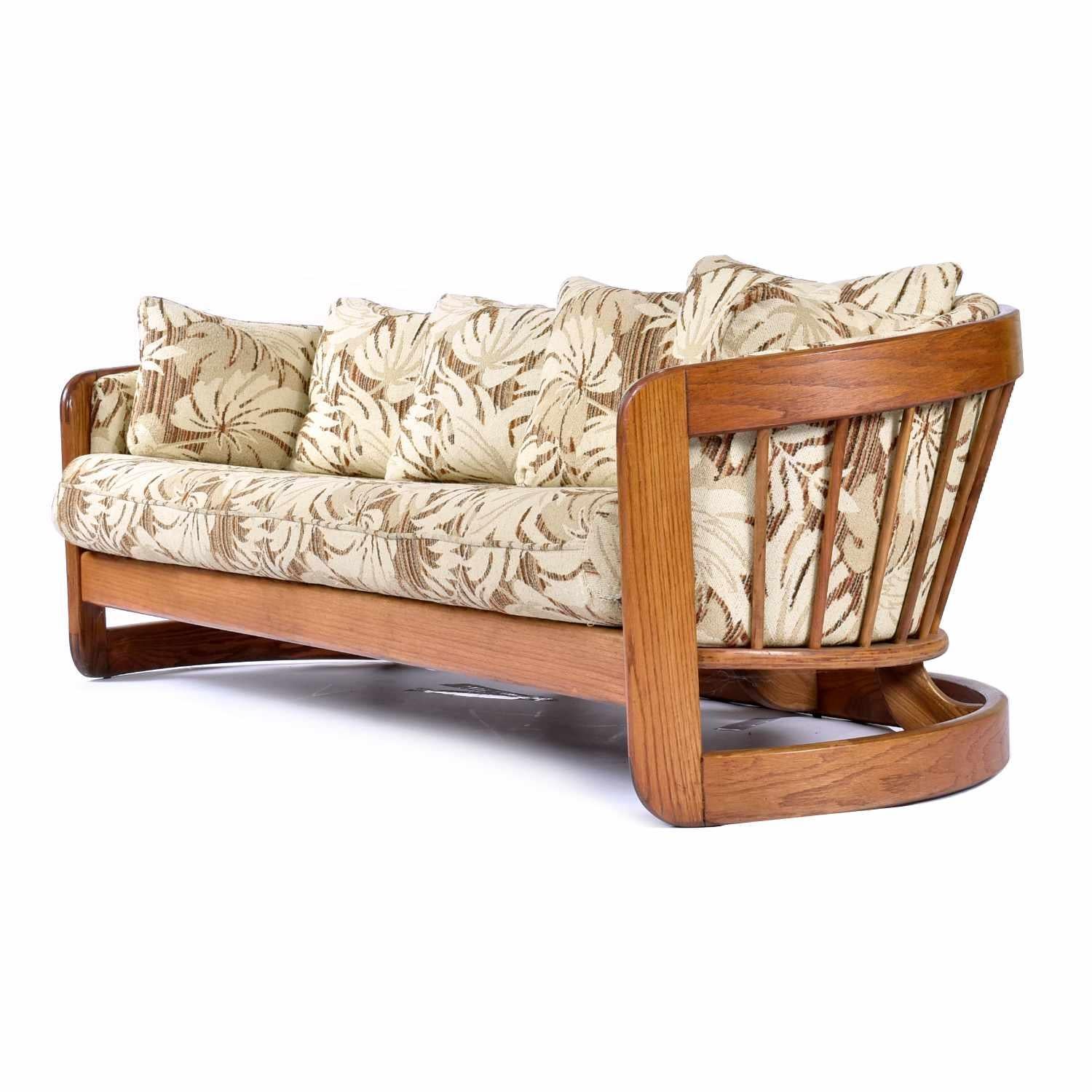 Country Modern Spindle Back 1980s Howard Solid Oak Barrel Shaped Sofa ...