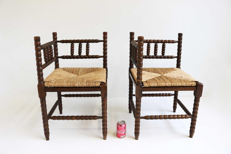 Couple Antique Dutch Ruch-Seat Oak Corner Bobbin Chairs Turned Hand ...