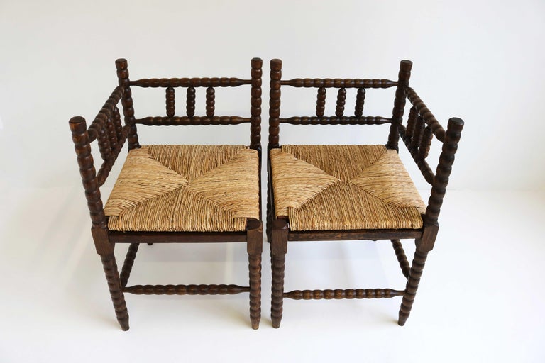 Couple Antique Dutch Ruch-Seat Oak Corner Bobbin Chairs Turned Hand ...