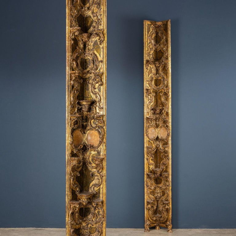 Couple of Corner Pilasters with Ceramic Carved Wood, Italy, 18th ...
