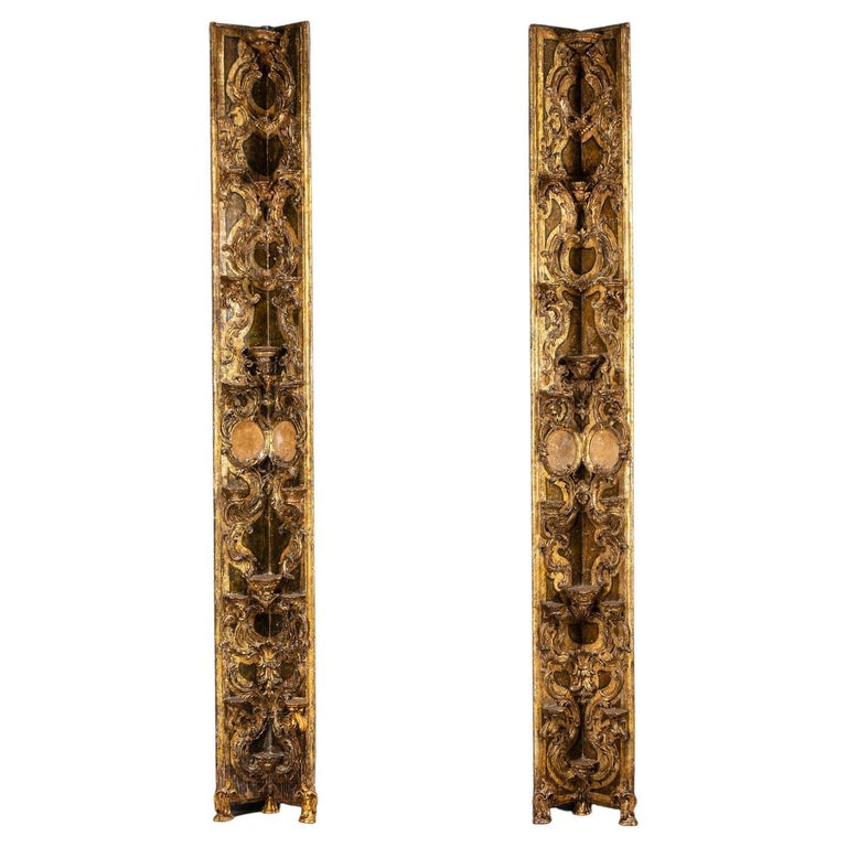 Couple of Corner Pilasters with Ceramic Carved Wood, Italy, 18th ...