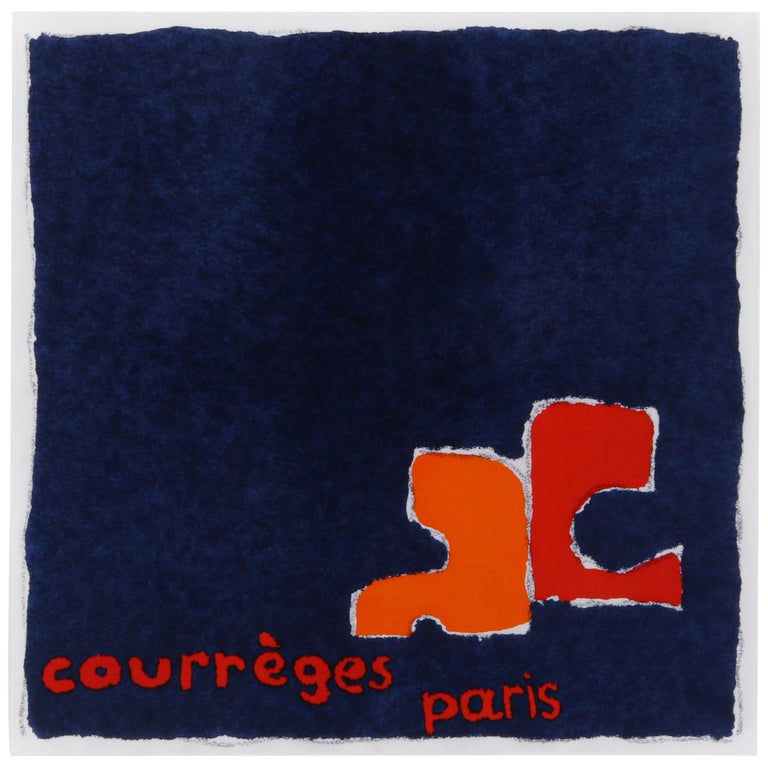 COURREGES c.1970's Navy and Orange Painterly Logo Square Scarf at 1stDibs