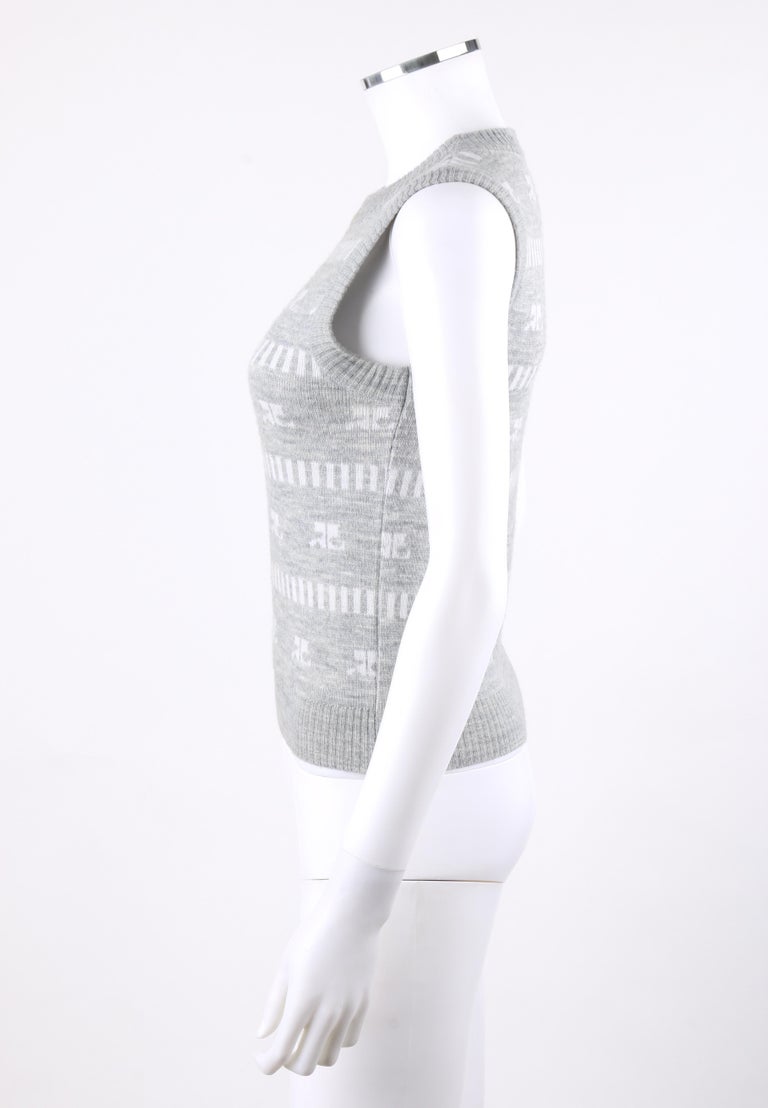 COURREGES c.1970's Grey and White Logo Signature Print Knit Sweater ...