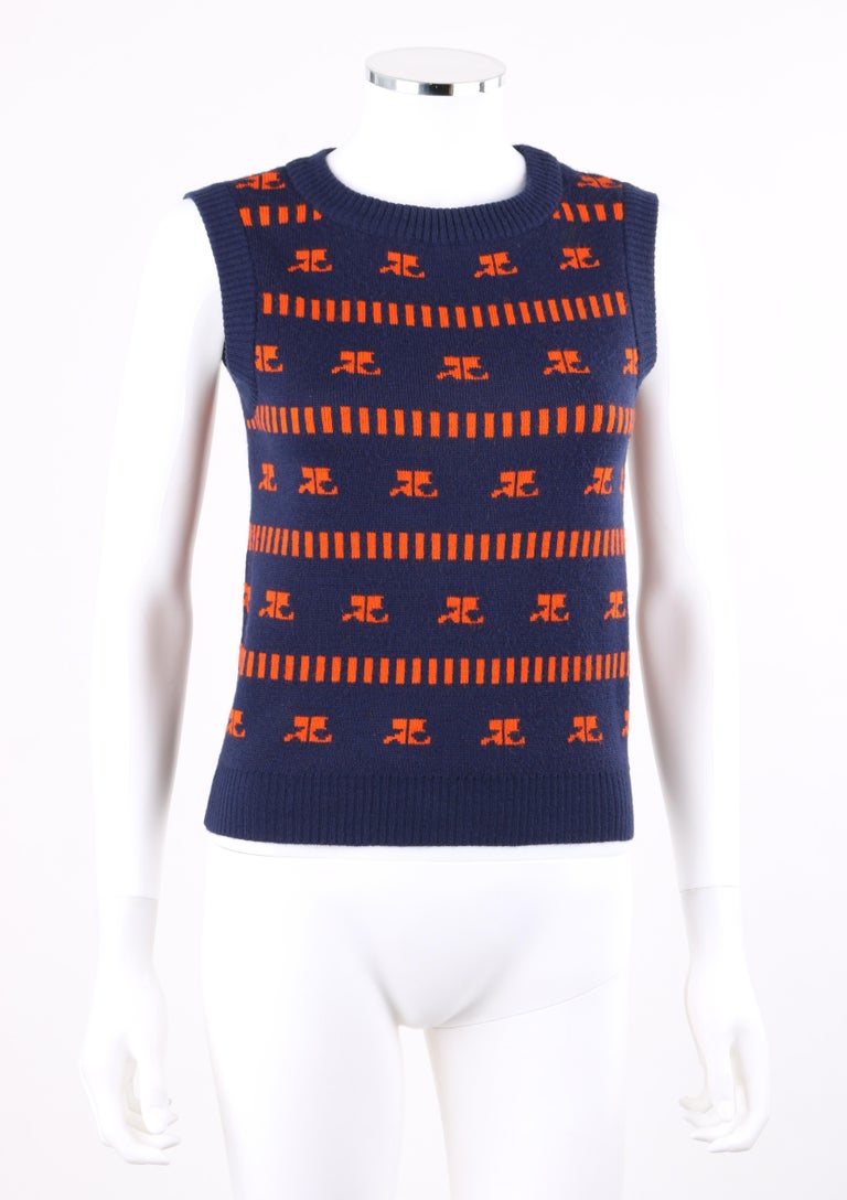 COURREGES c.1970s Navy and Orange Logo Signature Pattern Knit Sweater ...
