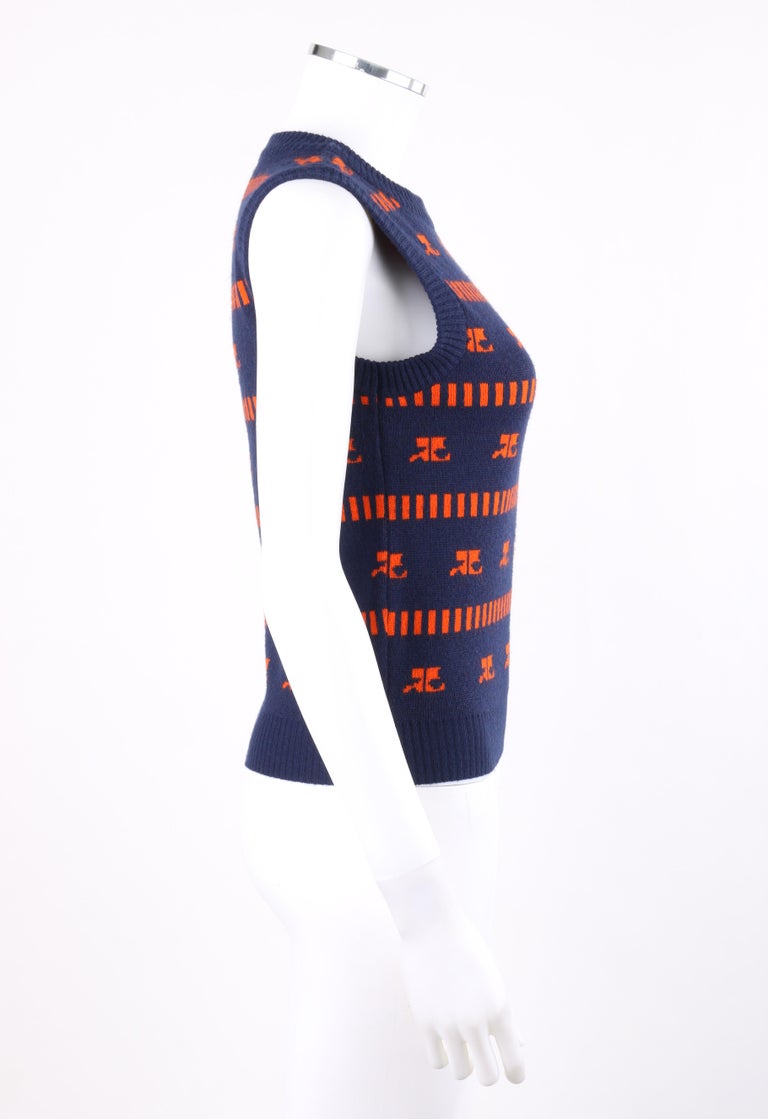 COURREGES c.1970s Navy and Orange Logo Signature Pattern Knit Sweater ...