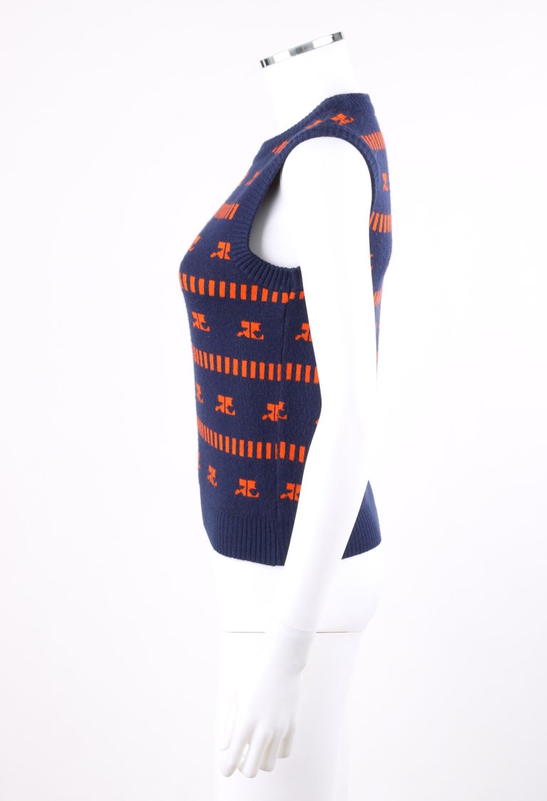 COURREGES c.1970s Navy and Orange Logo Signature Pattern Knit Sweater ...