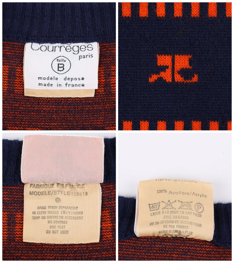 COURREGES c.1970s Navy and Orange Logo Signature Pattern Knit Sweater ...