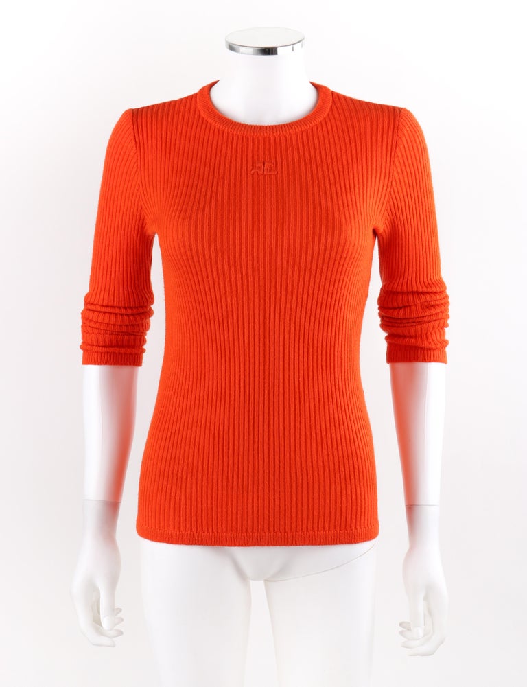 COURREGES c.1970’s Orange Rib Knit Embroidered Signature Logo Crew Neck ...