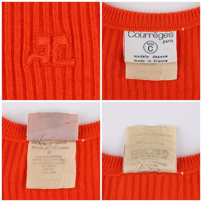 COURREGES c.1970’s Orange Rib Knit Embroidered Signature Logo Crew Neck ...