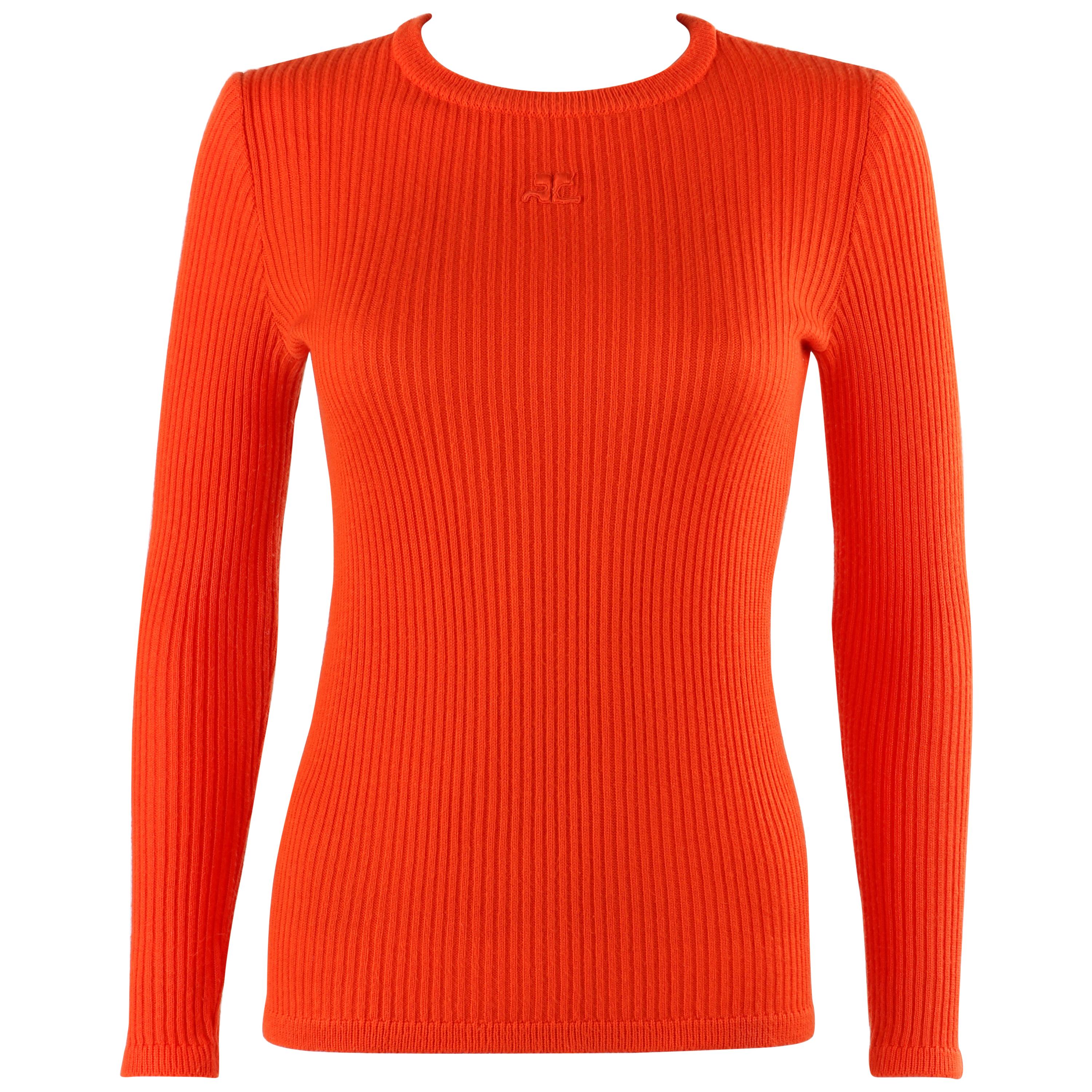 COURREGES c.1970’s Orange Rib Knit Embroidered Signature Logo Crew Neck ...