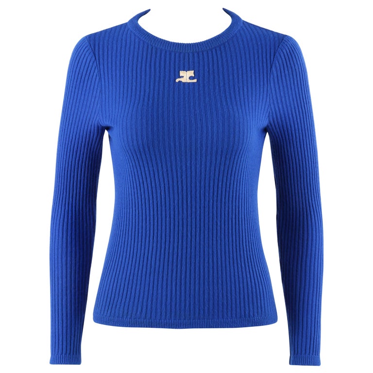 COURREGES c.1970's Royal Blue Rib Knit Signature Logo Crew Neck Sweater ...