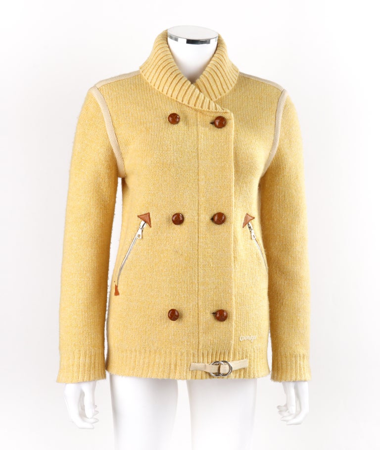 COURREGES c.1980’s Yellow Knit Double Breasted Leather Cardigan Sweater ...