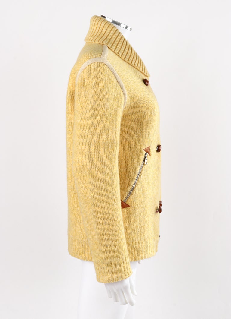 COURREGES c.1980’s Yellow Knit Double Breasted Leather Cardigan Sweater ...