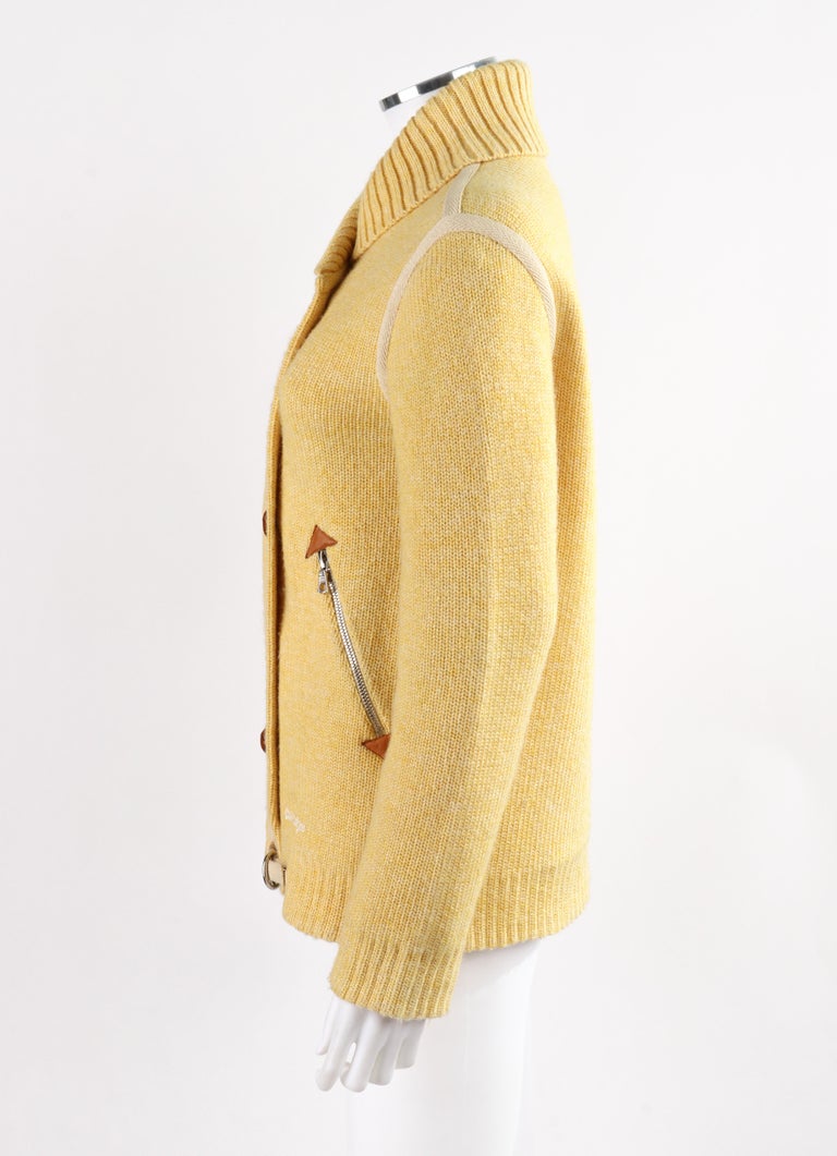 COURREGES c.1980’s Yellow Knit Double Breasted Leather Cardigan Sweater ...