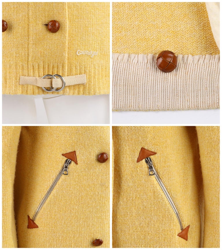 COURREGES c.1980’s Yellow Knit Double Breasted Leather Cardigan Sweater ...