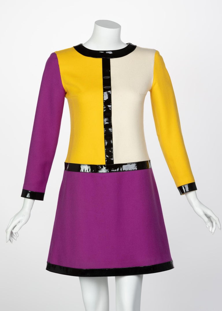 Courrèges Wool Color Block Patent Leather Mondrian Mini Dress, 1960s at ...