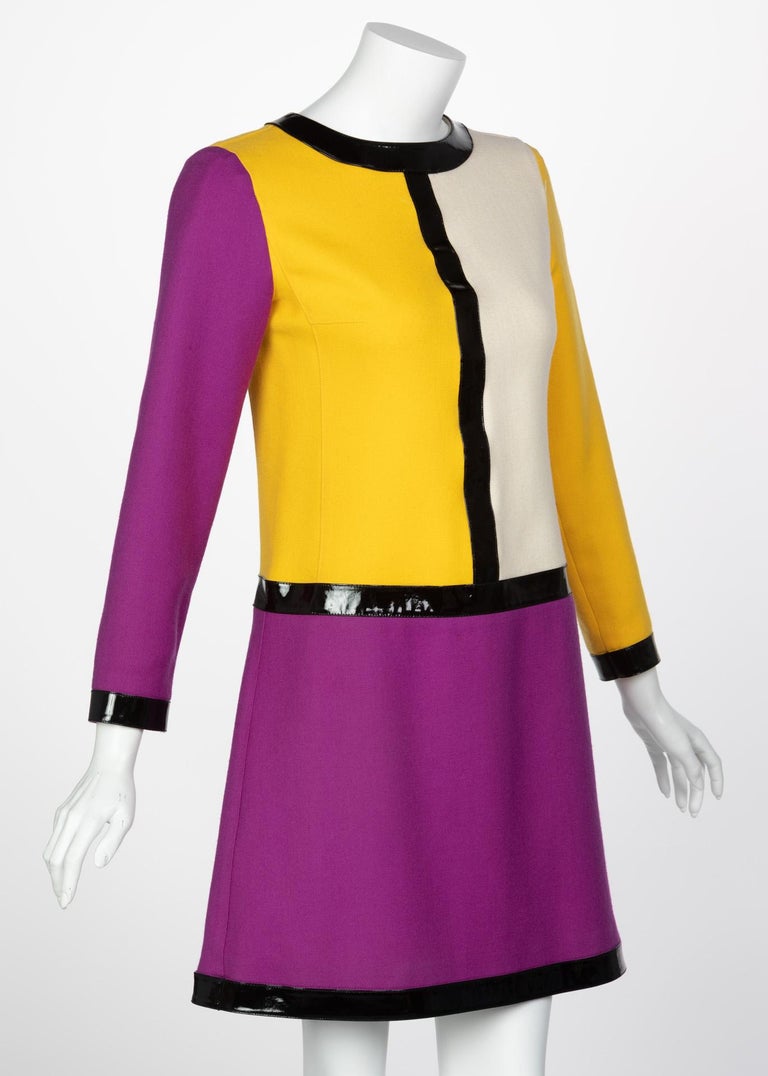 Courrèges Wool Color Block Patent Leather Mondrian Mini Dress, 1960s at ...
