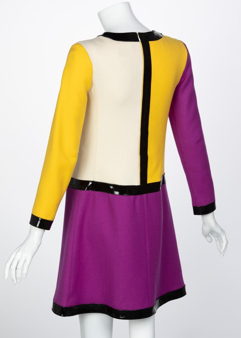 Courrèges Wool Color Block Patent Leather Mondrian Mini Dress, 1960s at ...