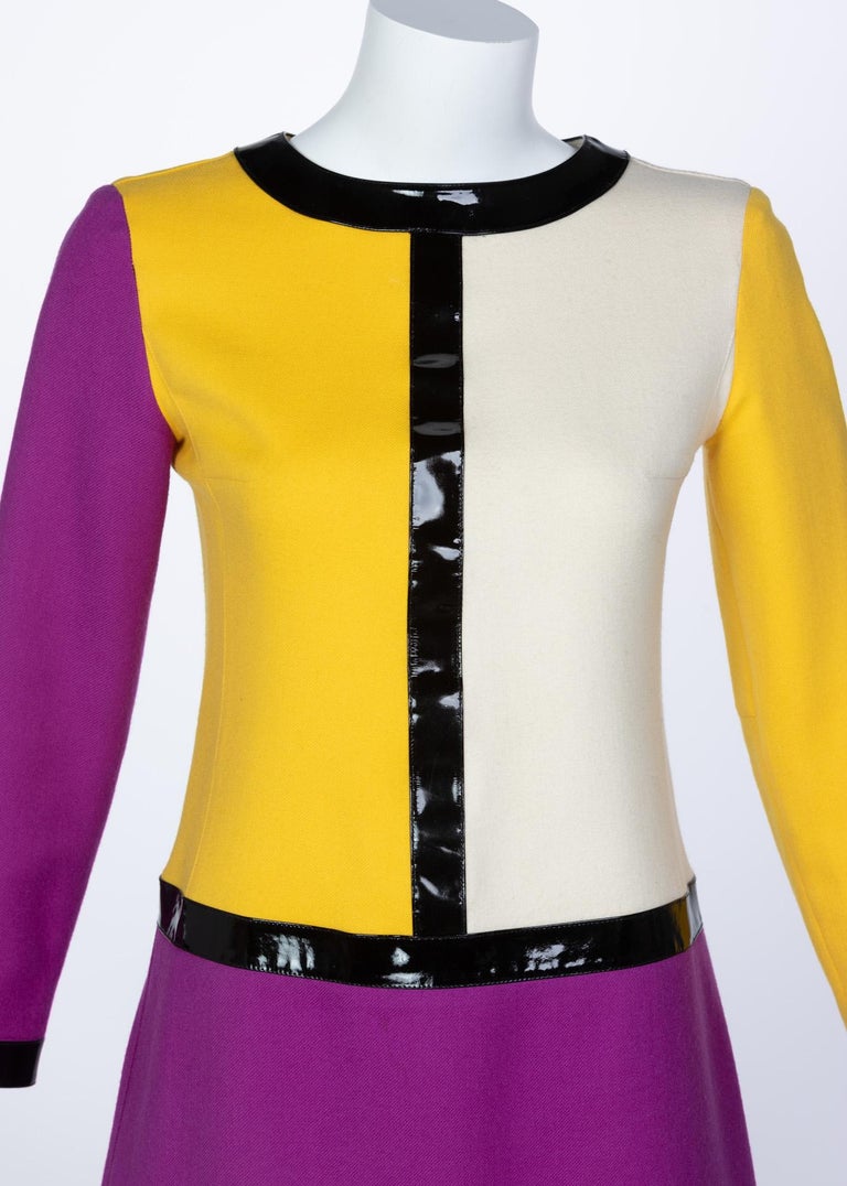 Courrèges Wool Color Block Patent Leather Mondrian Mini Dress, 1960s at ...