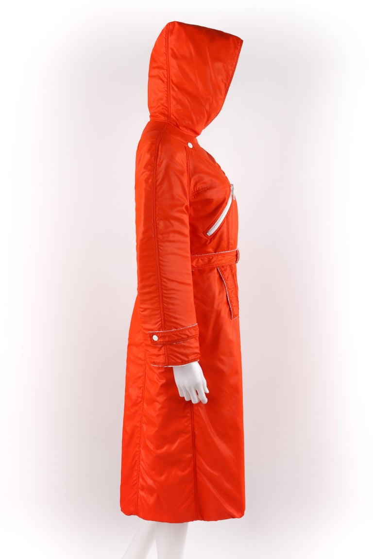 COURREGES Hyperbole c.1970's Orange Hooded Belted Full-Length Coat For ...