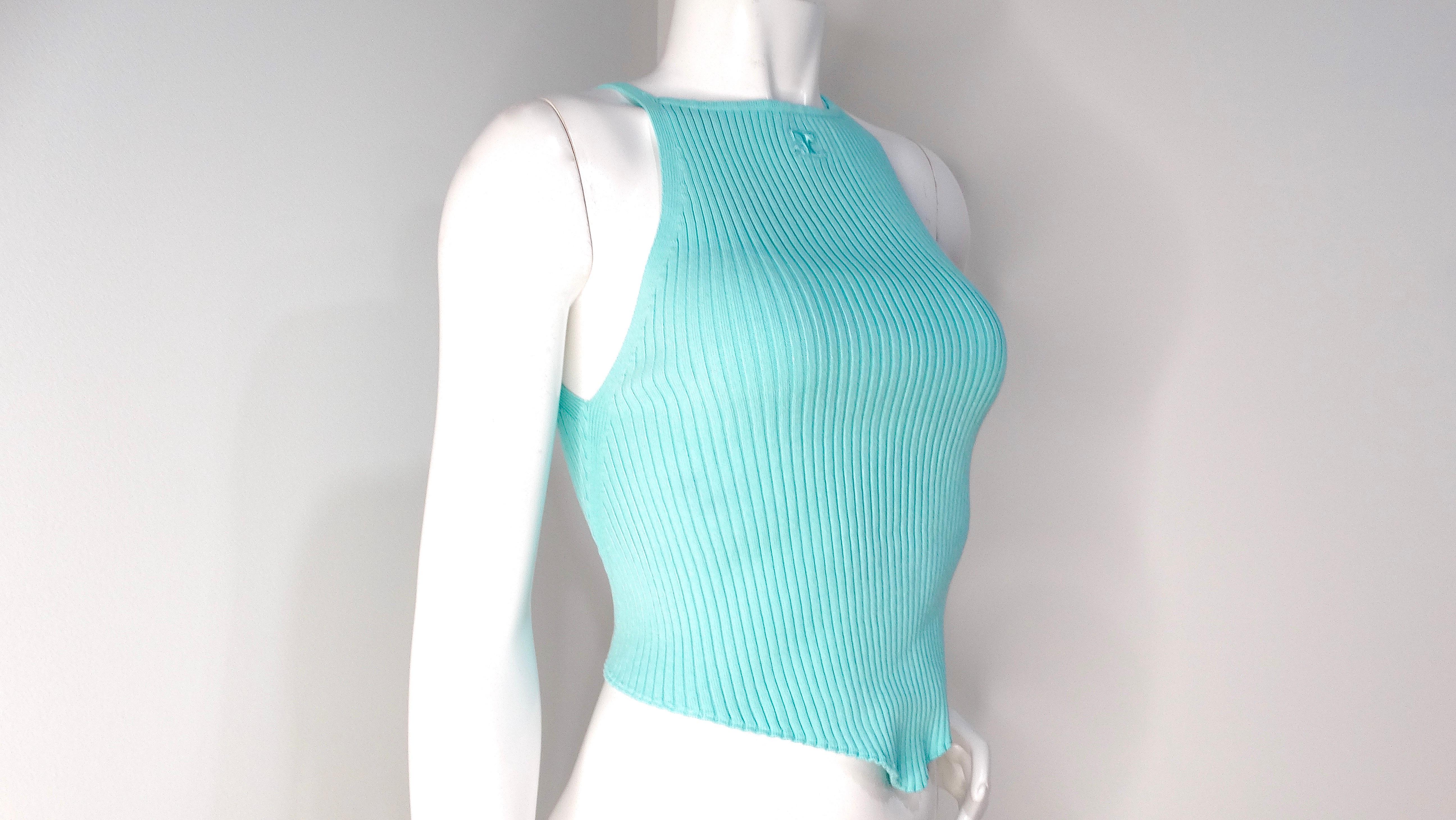 Courreges Ribbed Knit Pointed Hem Teal Tank Top For Sale at 1stDibs