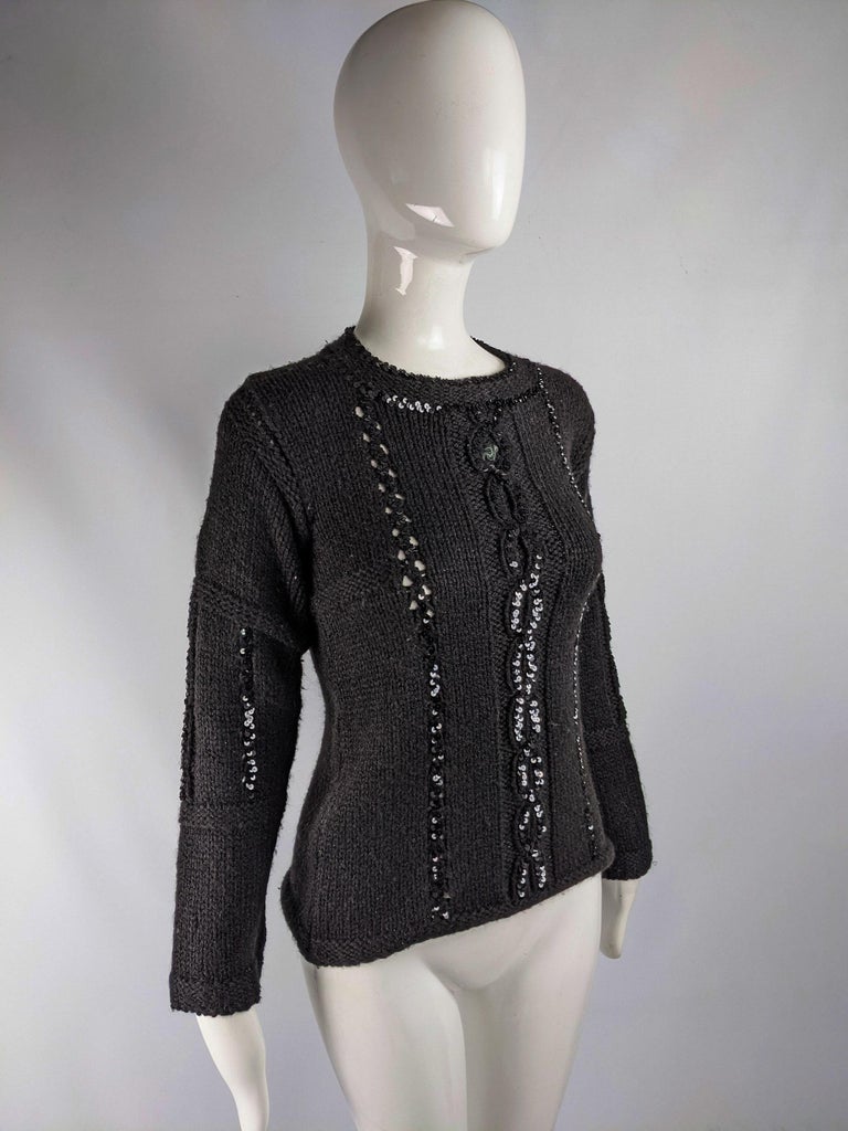 Courreges Vintage Womens Black Sequin Cable Knit Sweater For Sale at ...