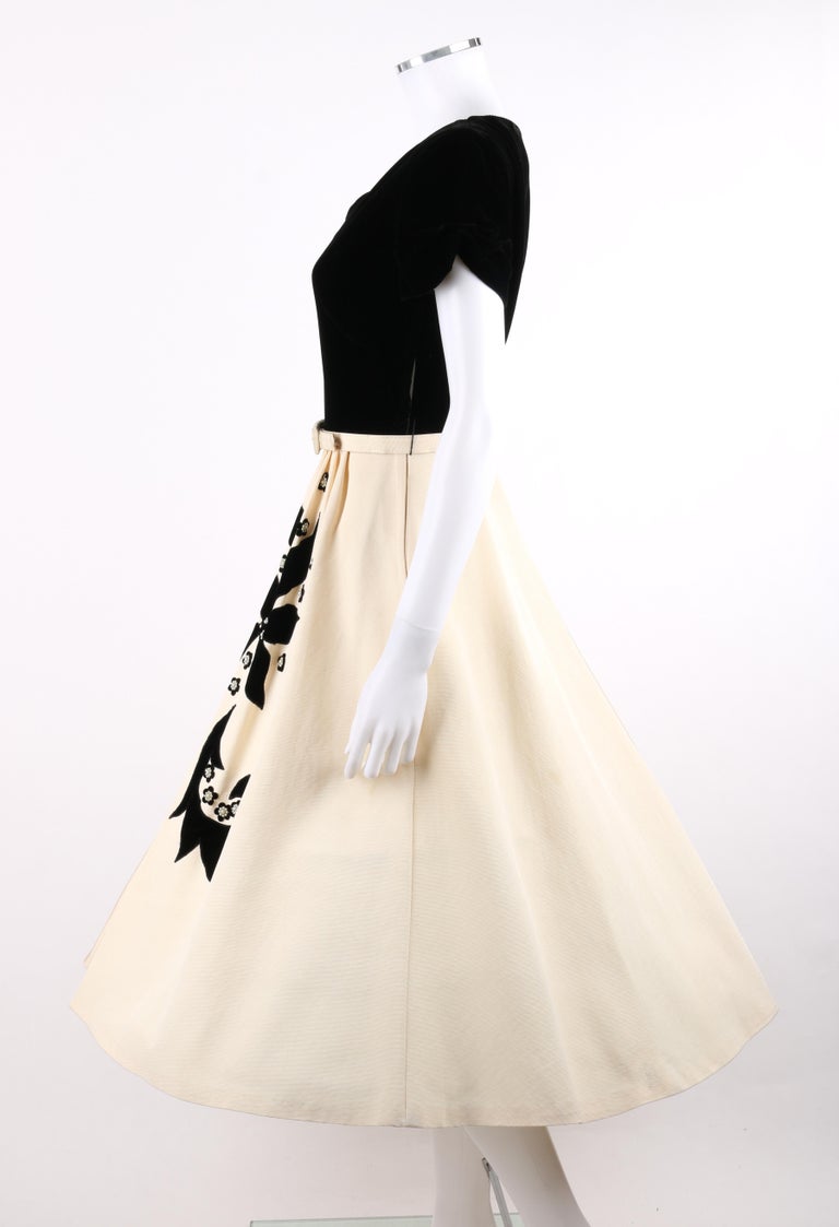 COUTURE c.1950’s Black Ivory Velvet Floral Pearl Beaded Belted Party ...