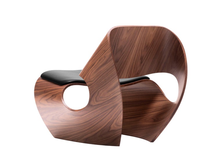 Cowrie, Walnut and Plywood Lounge Chair with Padded Leather Seat by ...