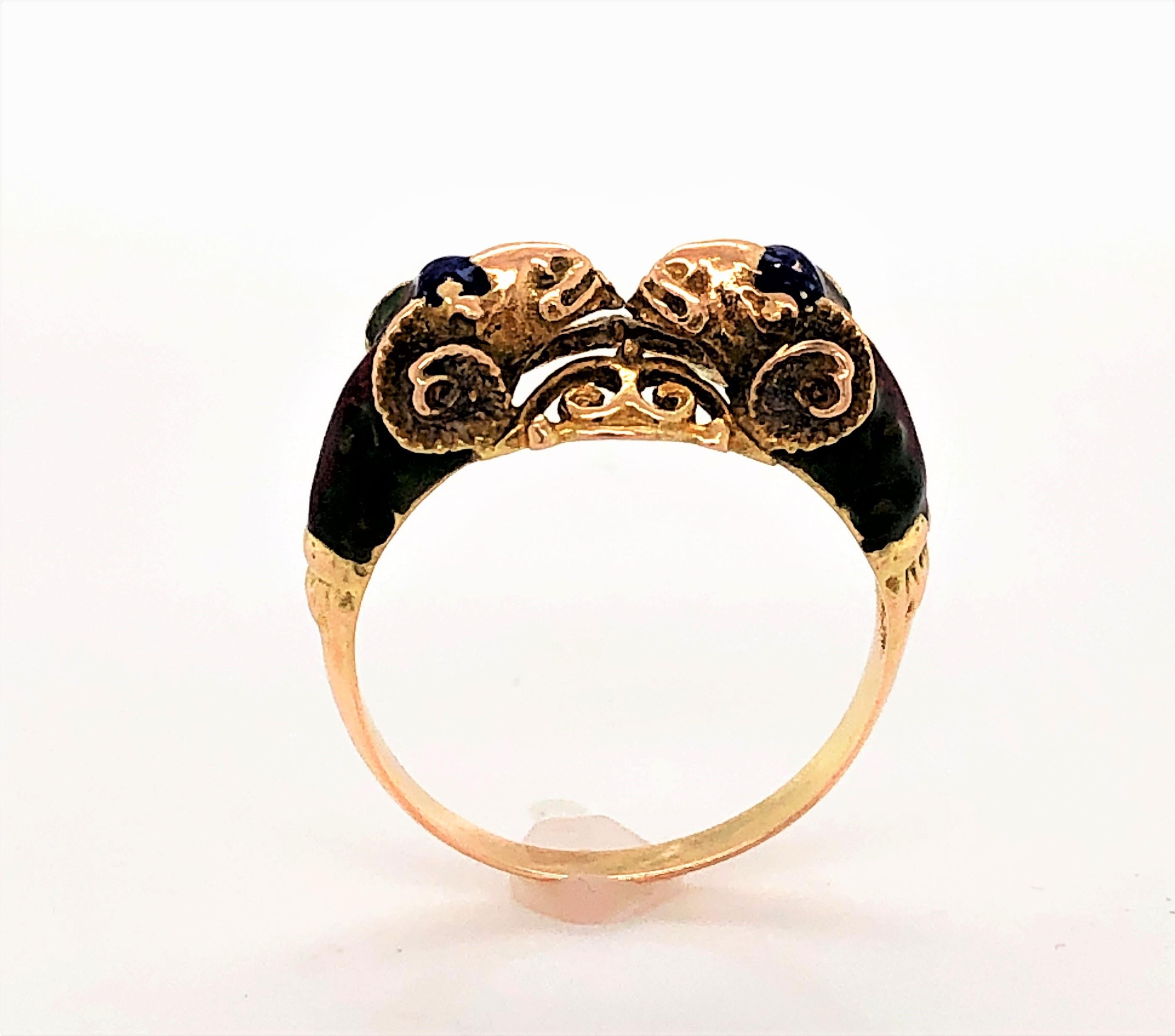 Craftsman's Rams Head Gold Enamel Ring at 1stDibs