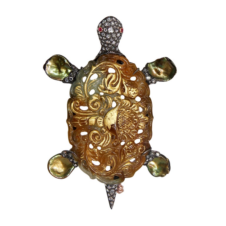 Craved Jade Turtle Pearl Diamond Brooch at 1stDibs