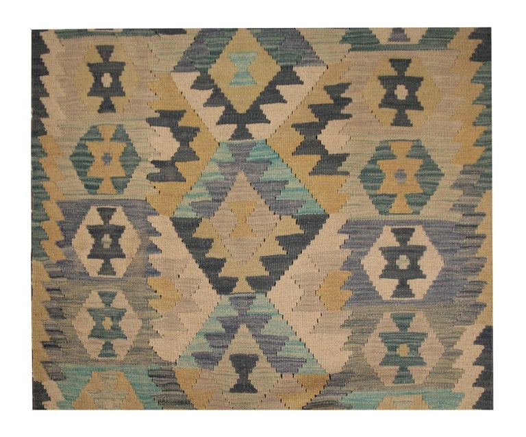 Cream Blue Wool Kilim Runner Rug, Traditional Handmade Flat-weave Rug ...