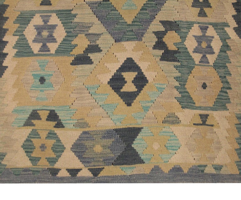 Cream Blue Wool Kilim Runner Rug, Traditional Handmade Flat-weave Rug ...