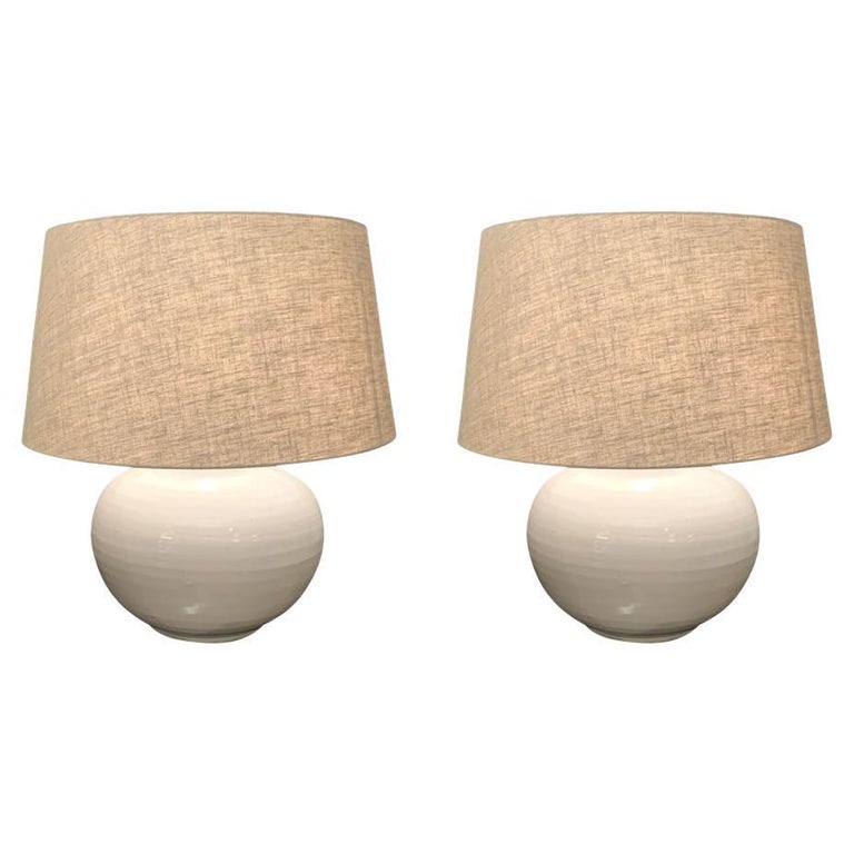 Cream Ceramic Round Base Pair of Lamps, China, Contemporary at 1stDibs ...