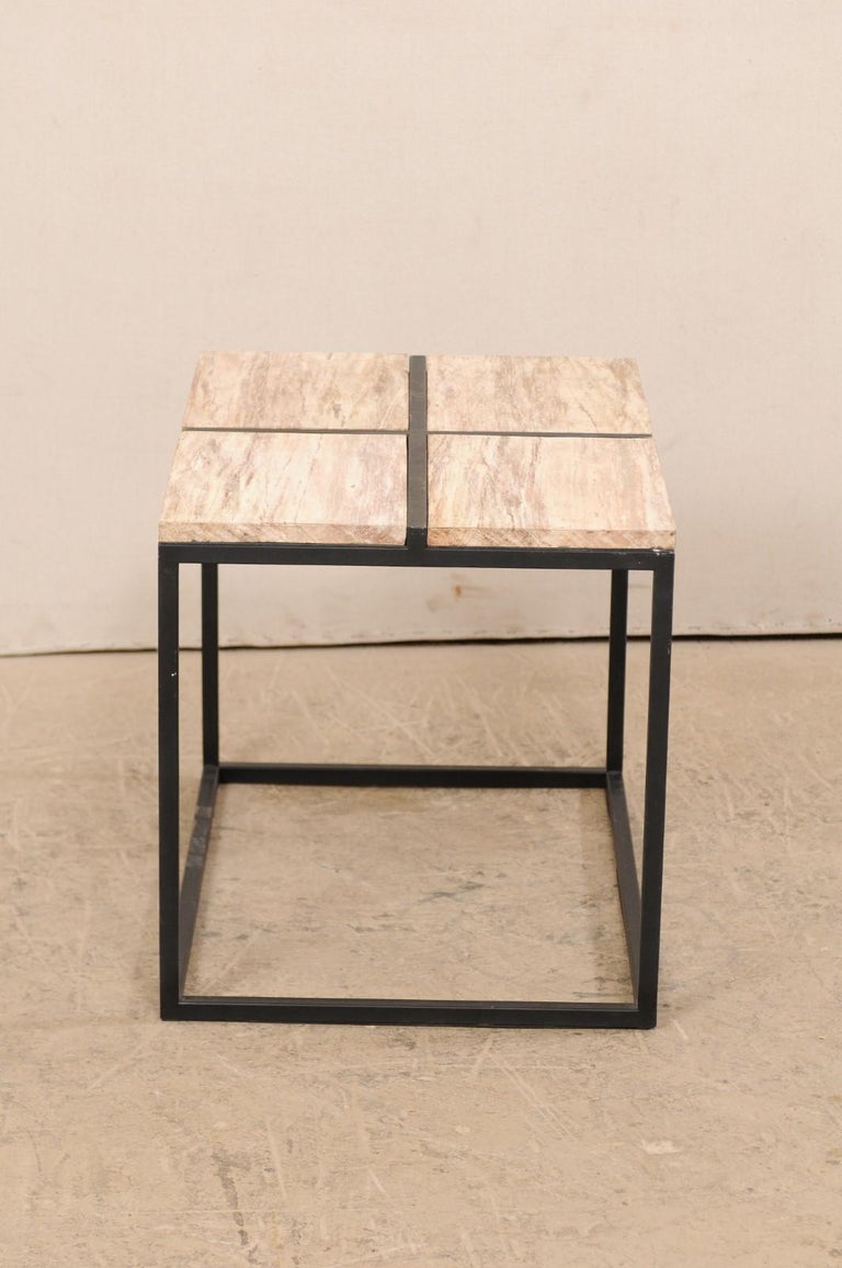 Cream Colored Petrified Wood Top Coffee Table with Custom Iron Base For ...
