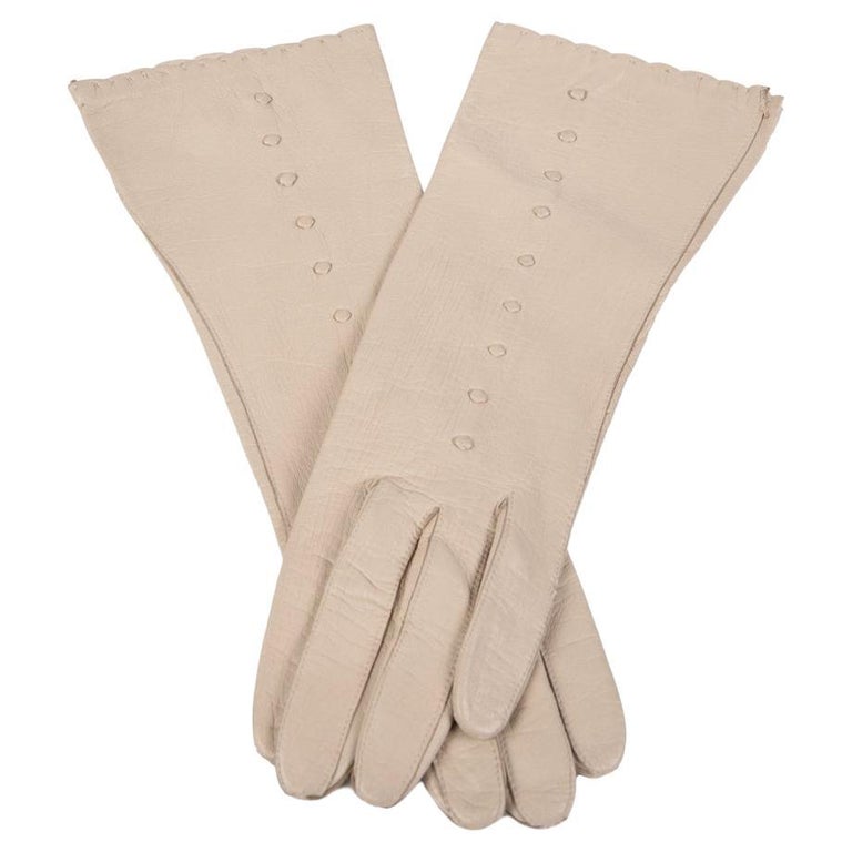 Creamy Beige Smooth Leather Gloves with 3D Dot Detailing Scalloped Hem ...